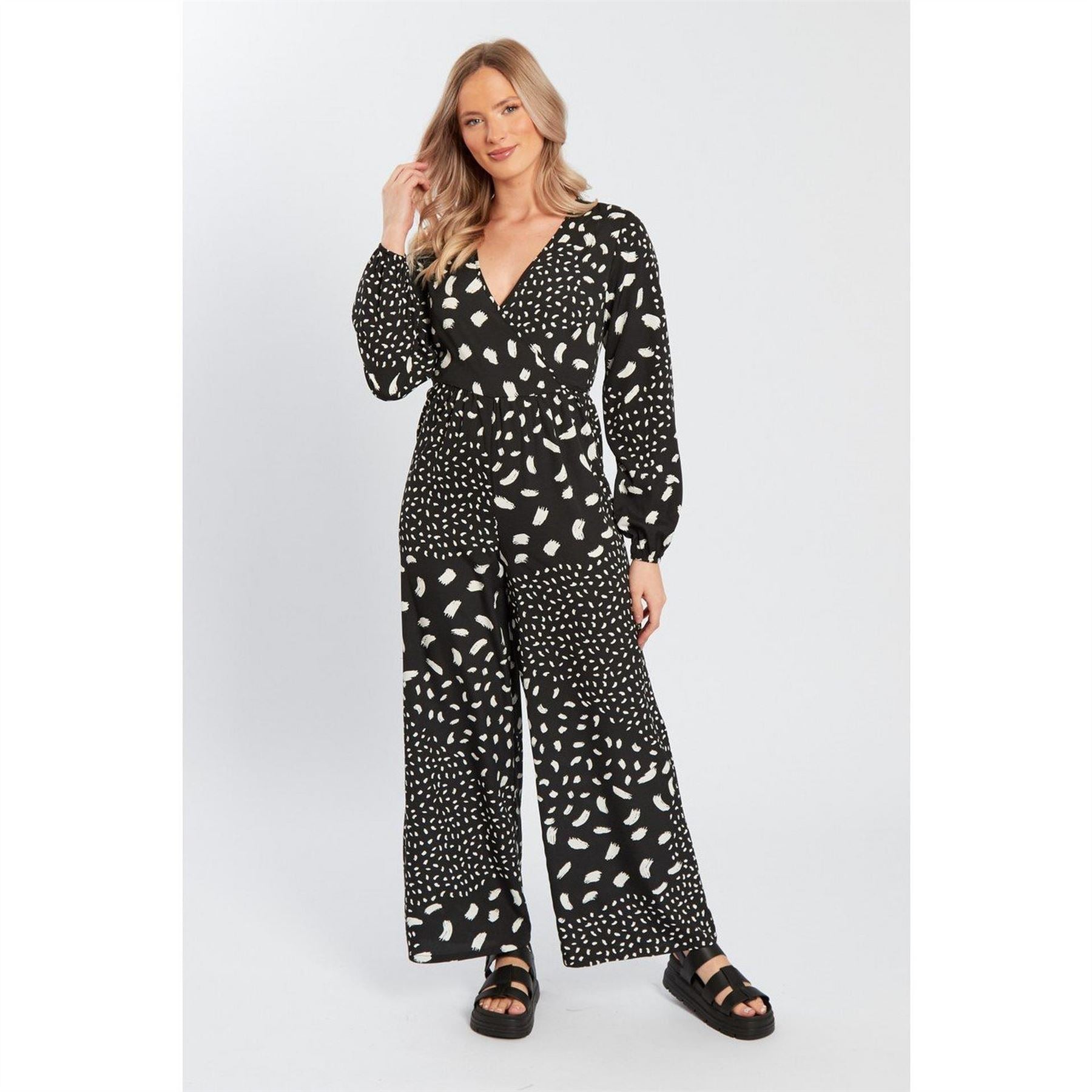 Influence V-Neck Long Sleeve Abstract Patterned Wrap Jumpsuit – Lovell ...
